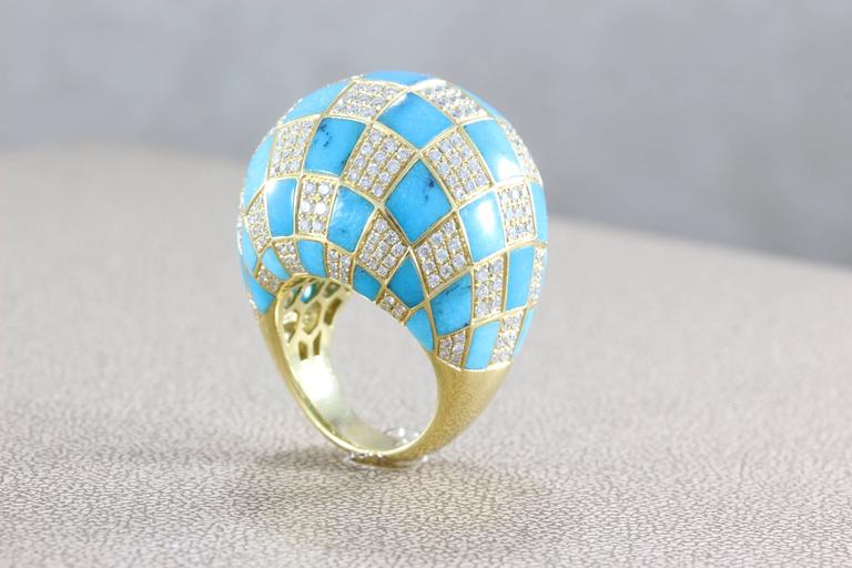 Diamond Turquoise Checkered Dome Ring For Sale at 1stDibs