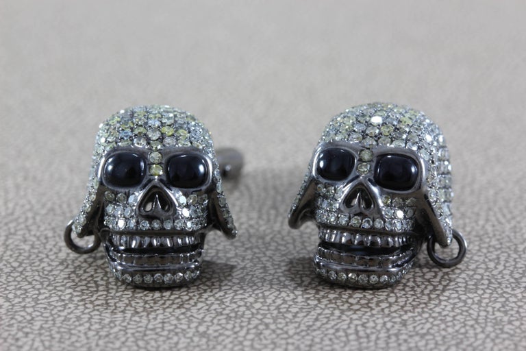 Pirate Skull Diamond Onyx Gold Cufflinks For Sale at 1stDibs