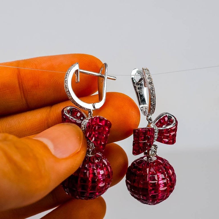 18K White gold invisible Ruby Diamond Gold Ribbon Ball Drop Earrings ...