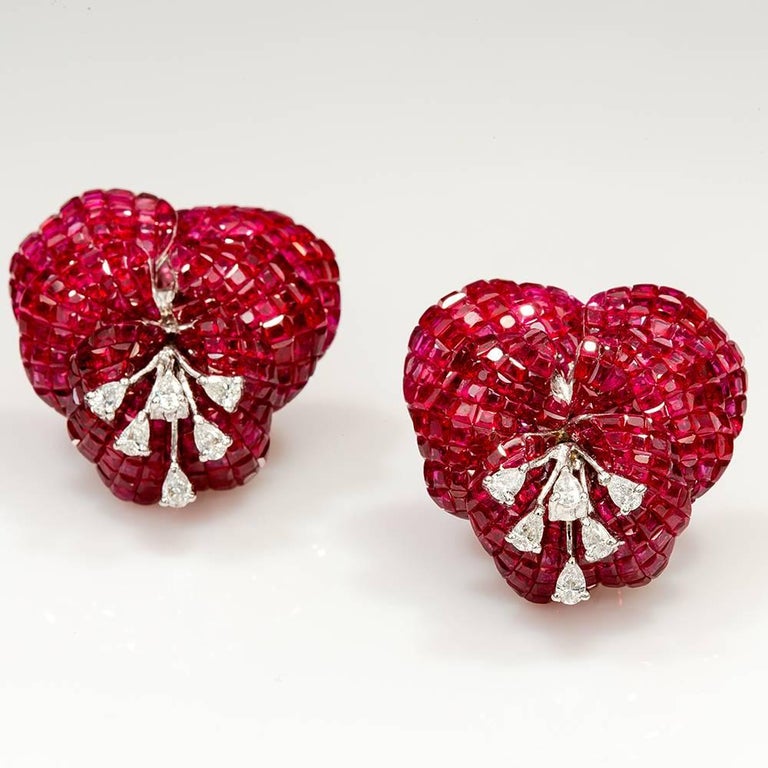 18K White gold Ruby Invisible Butterfly Flower Earrings For Sale at 1stDibs