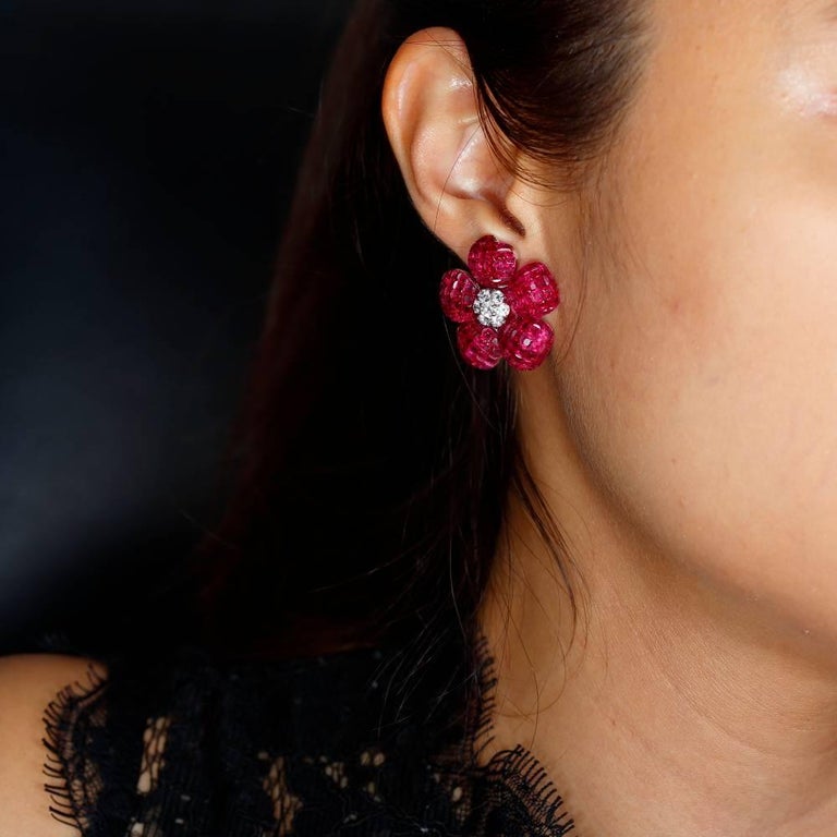 18K White gold Ruby Invisible Flower Earrings at 1stDibs | ruby flower ...