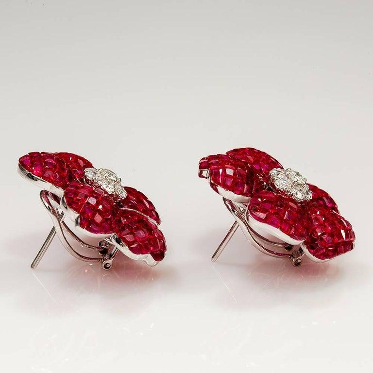 18K White gold Ruby Invisible Flower Earrings at 1stDibs | ruby flower ...