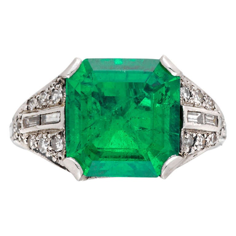 Square-cut Emerald and Diamond Ring at 1stDibs