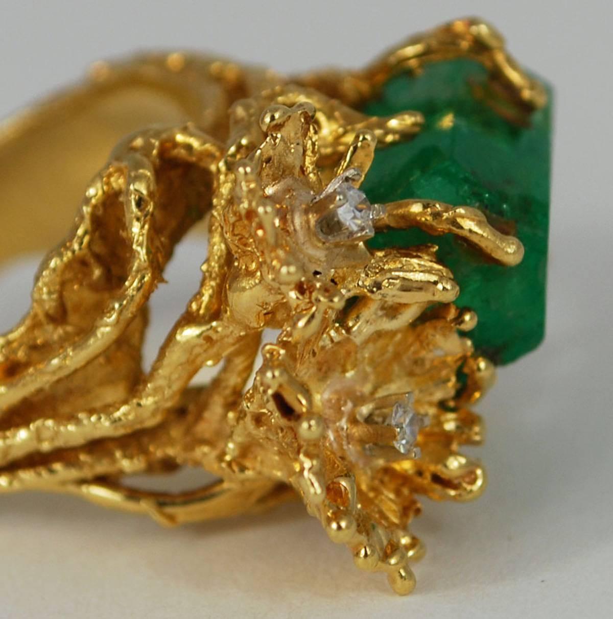 Raw Emerald Diamond Gold Freeform Modern Ring For Sale at 1stdibs