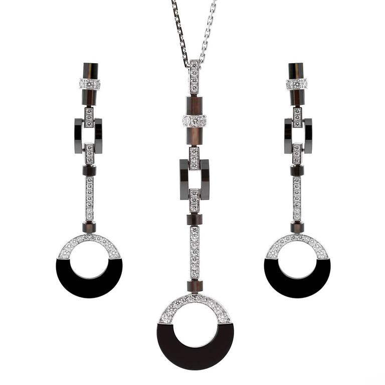 Cartier Diamond Black Ceramic Drop Necklace Suite For Sale at 1stDibs