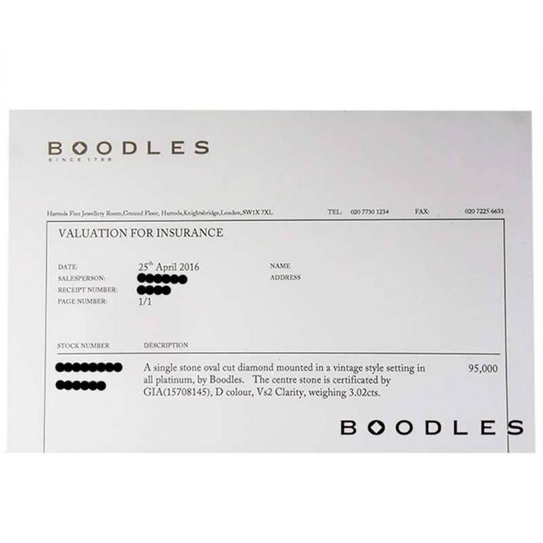 Boodles 3.02 Carat GIA Certified Oval Cut Diamond Platinum Ring For ...