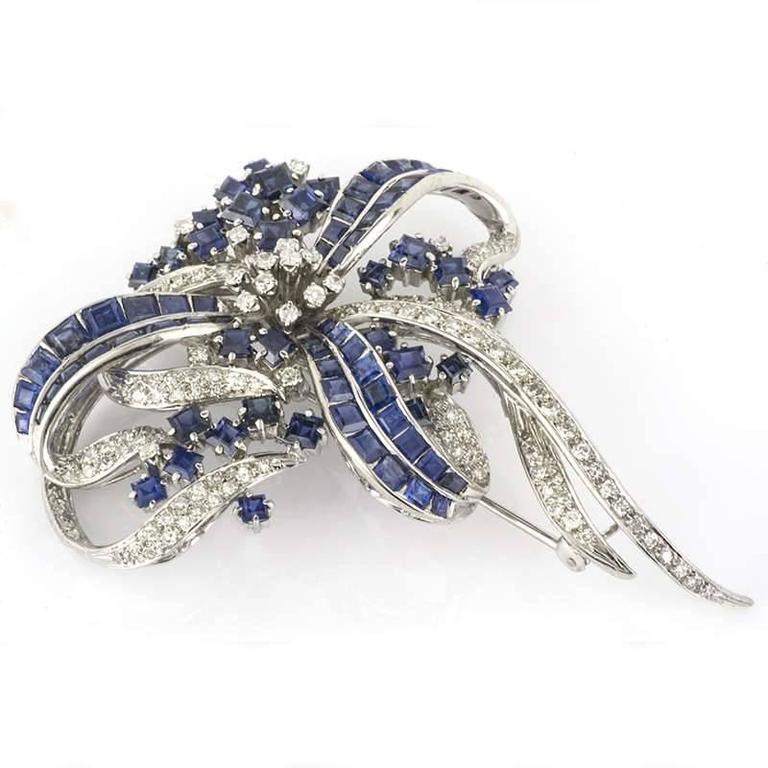 Diamond and Blue Sapphire Brooch at 1stDibs