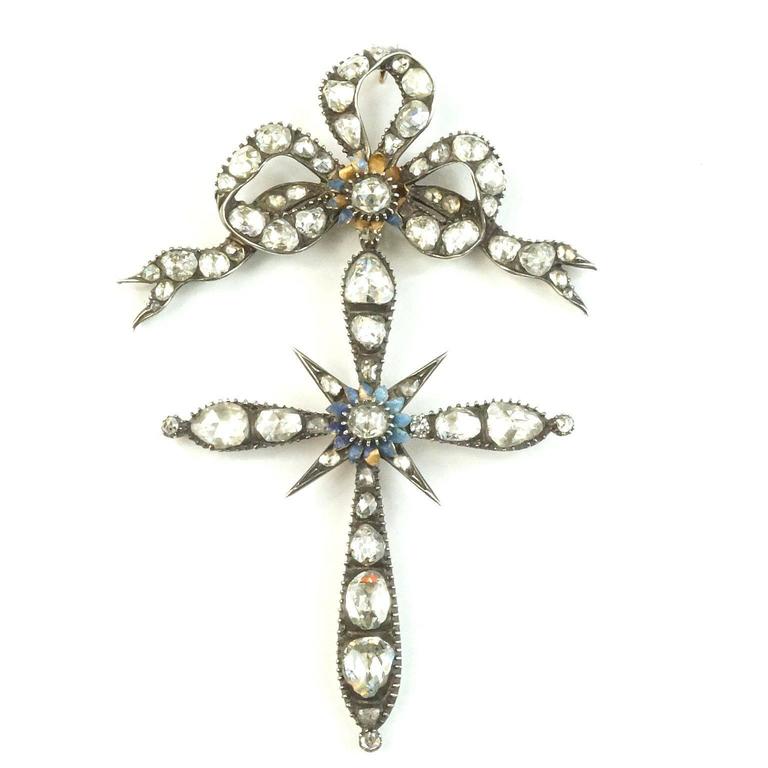 Antique Victorian Rose Cut Diamond Bow Cross Pendant For Sale at 1stDibs