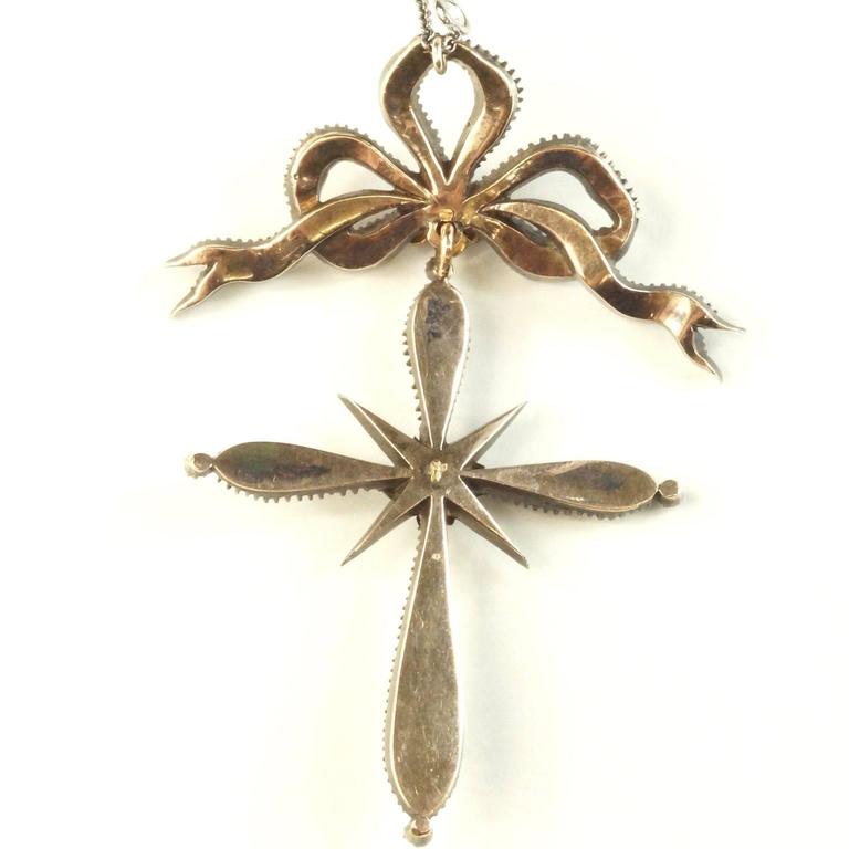 Antique Victorian Rose Cut Diamond Bow Cross Pendant For Sale at 1stDibs
