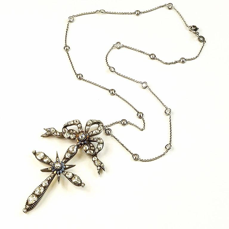 Antique Victorian Rose Cut Diamond Bow Cross Pendant For Sale at 1stDibs