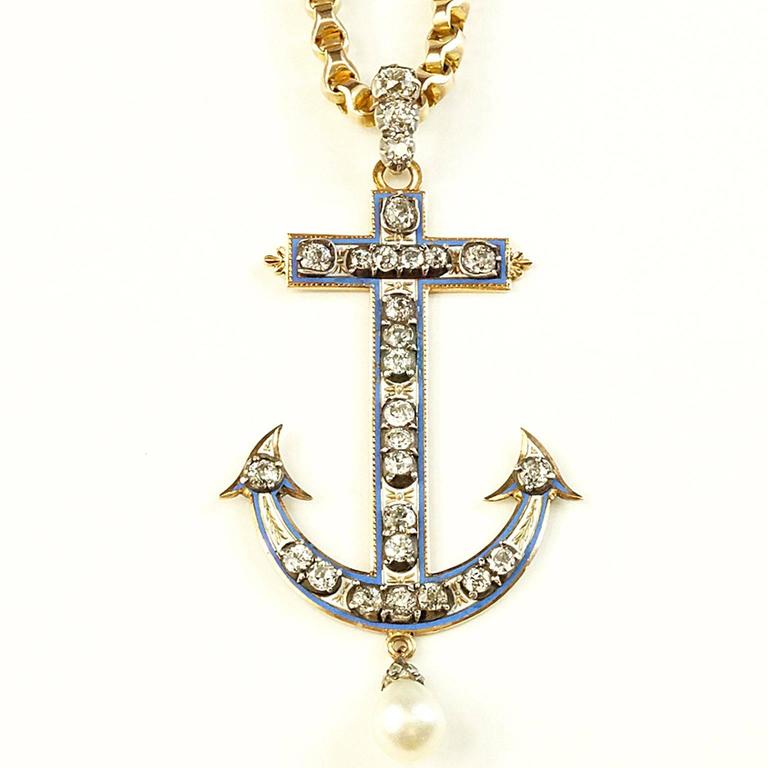 Antique Victorian Diamond Two Color Gold Anchor Pendant Necklace at 1stDibs