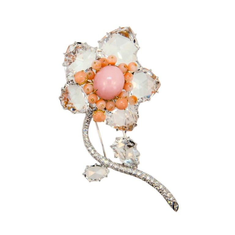 Laura Munder Pink Opal Coral Crystal and Diamond White Gold Brooch For ...