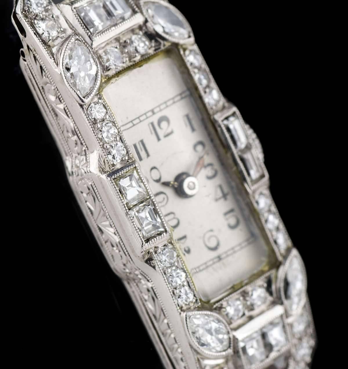 Platinum Silver Dial Diamond Set Cocktail Vintage Ladies Wristwatch at ...