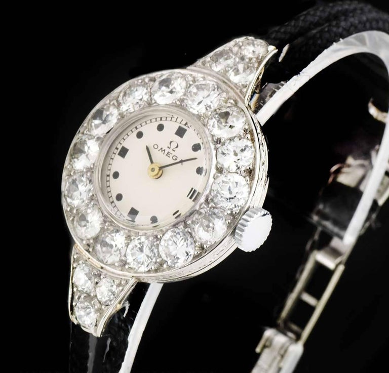 Omega Ladies Platinum Diamond Set Vintage Wristwatch at 1stDibs