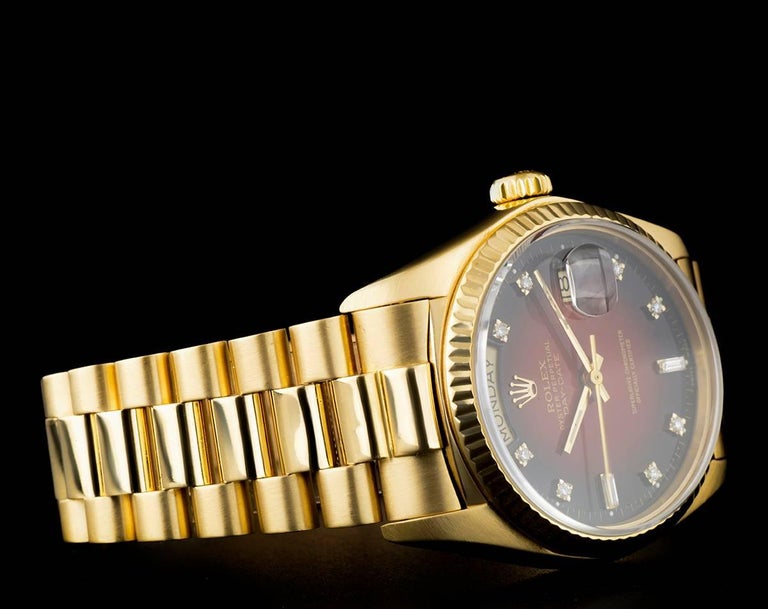Rolex Day-Date Gents Gold Maroon Vignette Diamond Dial 18038 Automatic ...