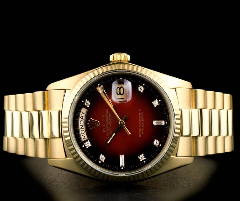 Rolex Day-Date Gents Gold Maroon Vignette Diamond Dial 18038 Automatic ...