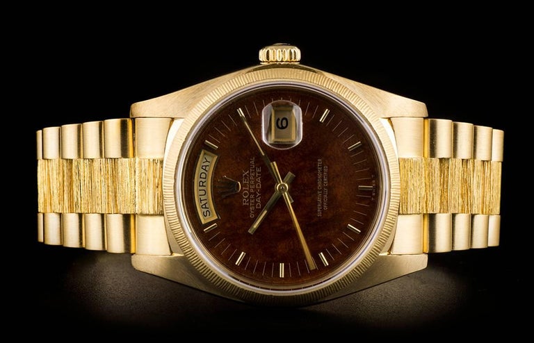Rolex Yellow Gold Day-Date Bark Finish Wood Dial Automatic Wristwatch ...