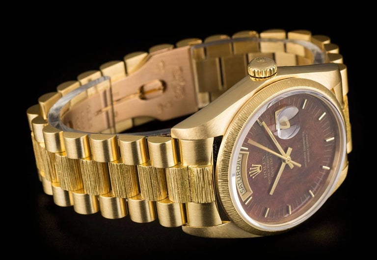 Rolex Yellow Gold Day-Date Bark Finish Wood Dial Automatic Wristwatch ...