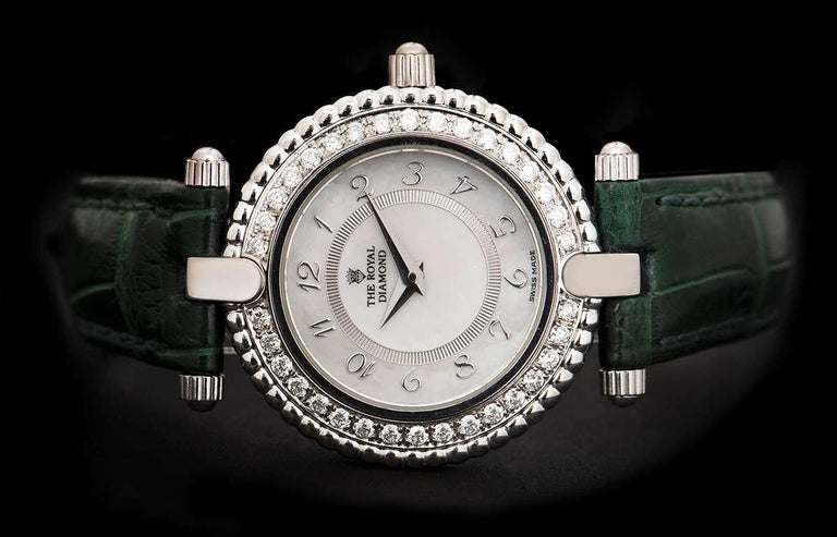 The Royal Diamond Ladies White Gold White Mother of Pearl Dial Quartz ...
