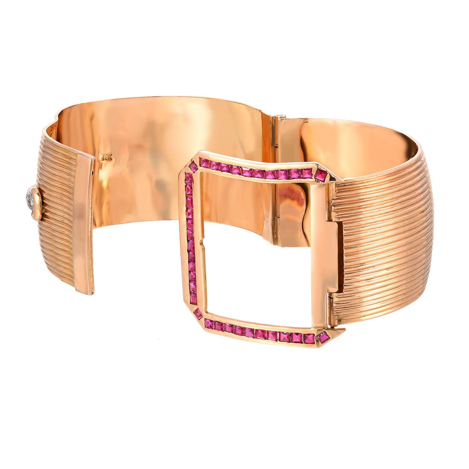 Retro Diamonds and Rubies Buckle 18K Pink Gold Bangle For Sale at 1stDibs