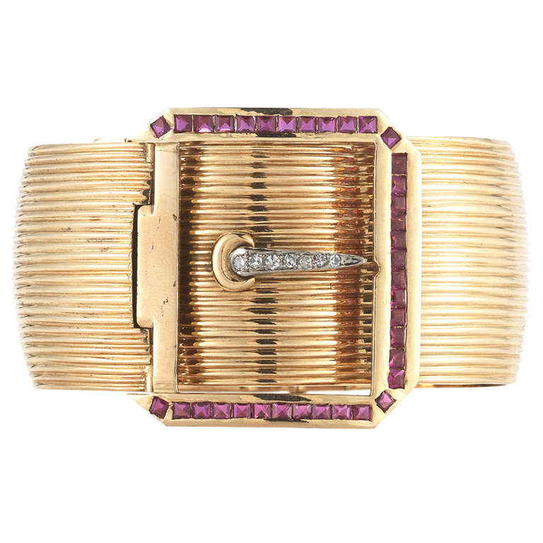18K Pink Gold Buckle Retro Bangle with Diamonds and Rubies For Sale at ...