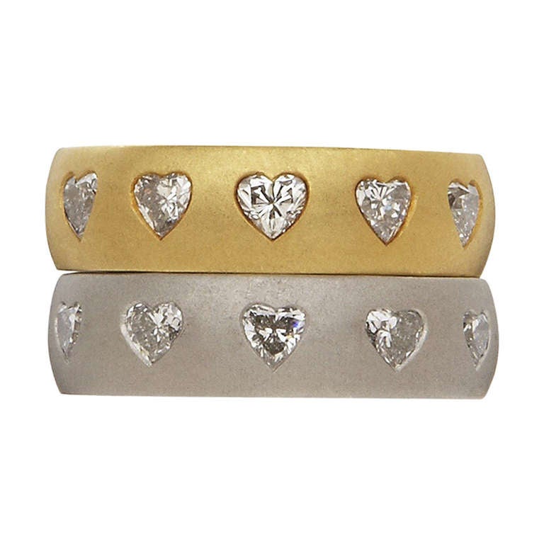 Pair of Platinum and Gold Heart shaped Diamond Band Rings at 1stDibs