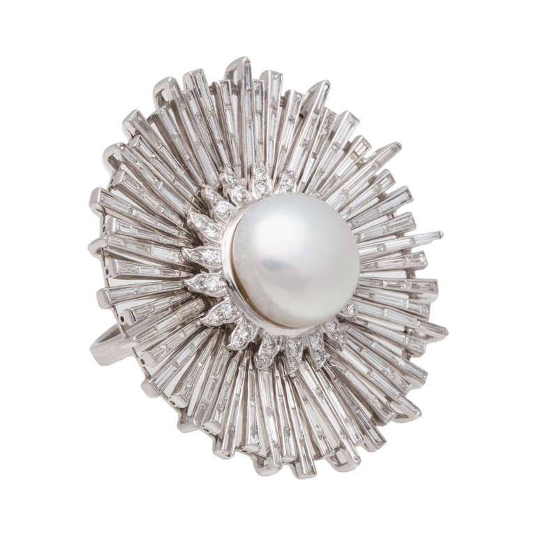 Pearl Diamond Platinum Sunray Ring at 1stDibs