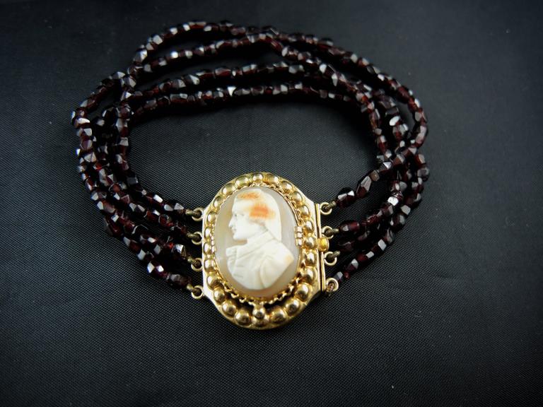 Antique French Gold Bracelet with Shell Cameo and Garnet Strands, 19th ...