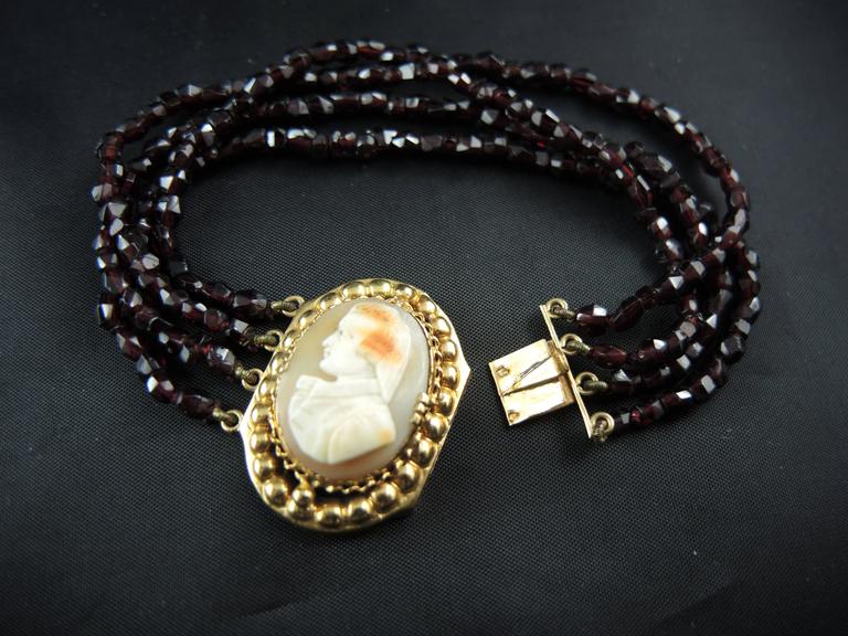 Antique French Gold Bracelet with Shell Cameo and Garnet Strands, 19th ...