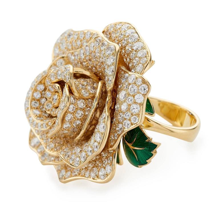 E Wolfe Enamel Diamond Gold Rose Flower Ring at 1stDibs