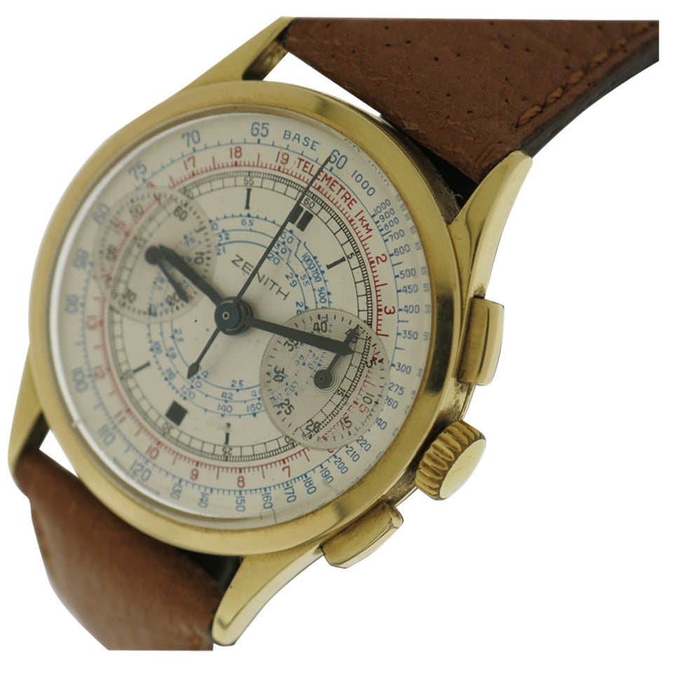 Zenith Yellow Gold Chronograph Square Button Three Scale Wristwatch ...