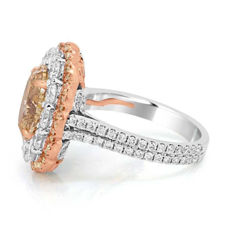 Certified Champagne Oval Diamond in Double Halo Two Color Gold Ring at ...