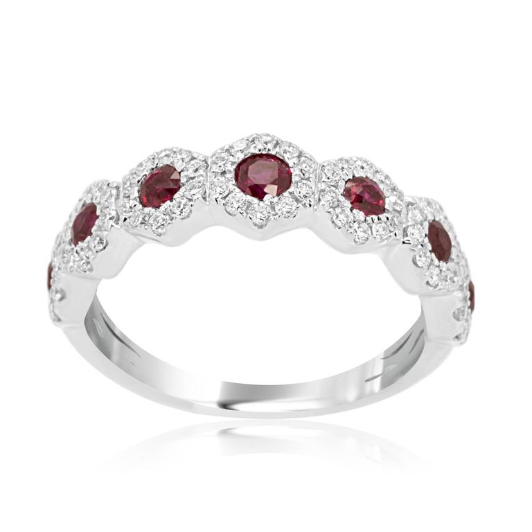 Ruby Round Diamond Halo Gold Stackable Fashion Band Ring at 1stDibs