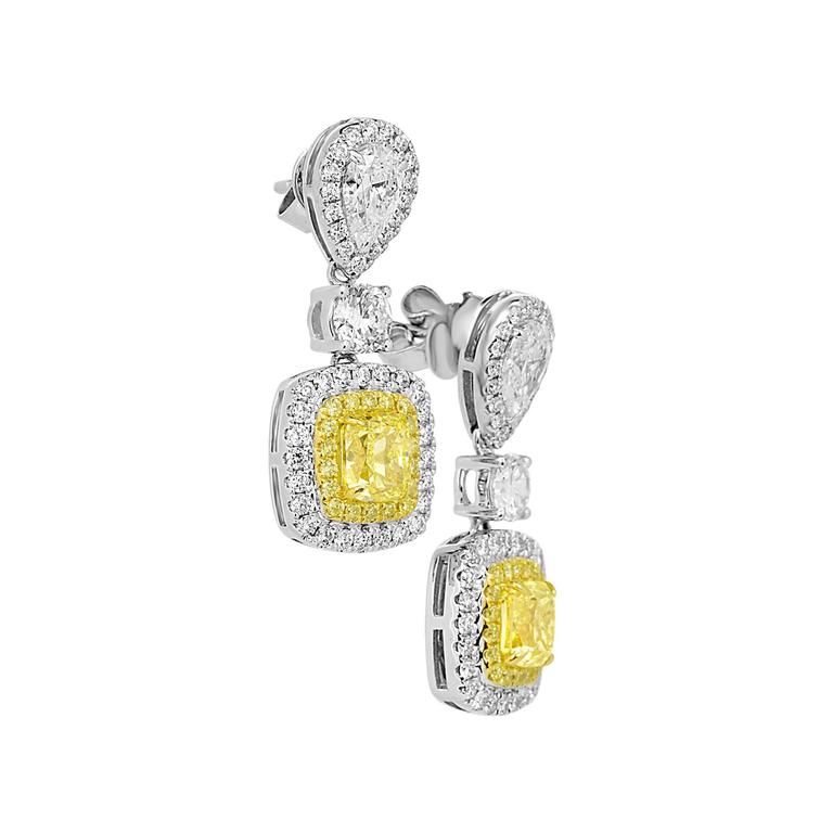 Natural Yellow Diamond Double Halo Two Color Gold Drop Dangle Fashion ...