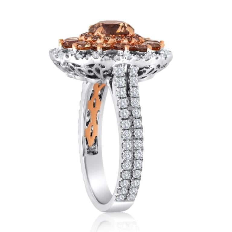 Champagne Diamond Triple Halo Two-Color Gold Ring Bridal Fashion ...