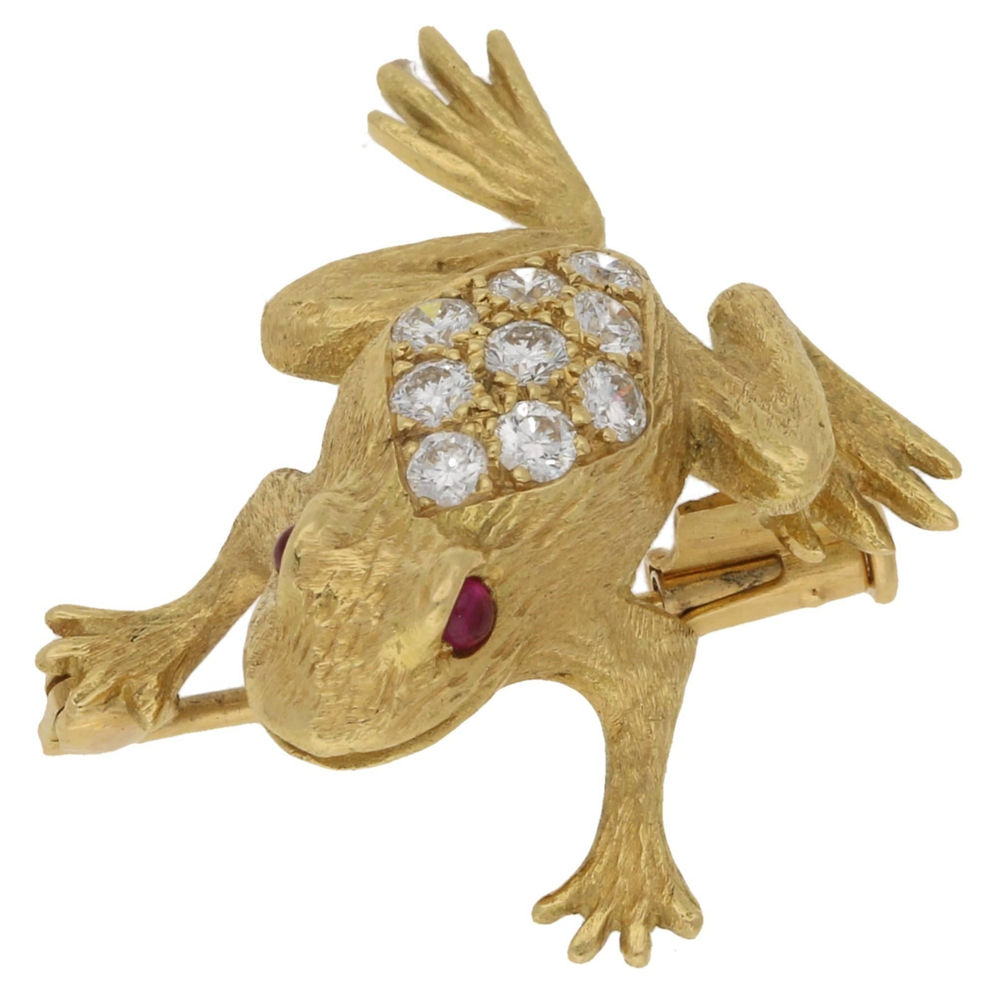 Diamond and Ruby Leaping Red-Eyed Tree Frog Brooch 18 karat Yellow Gold ...