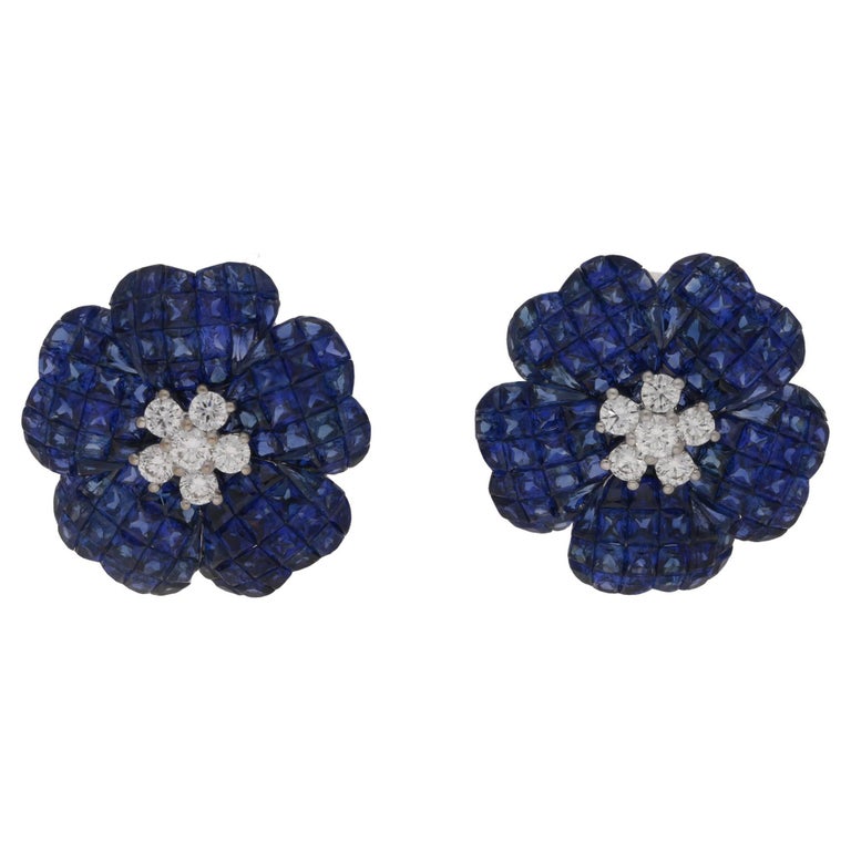 Invisible Set Sapphire Diamond Floral Earrings at 1stDibs