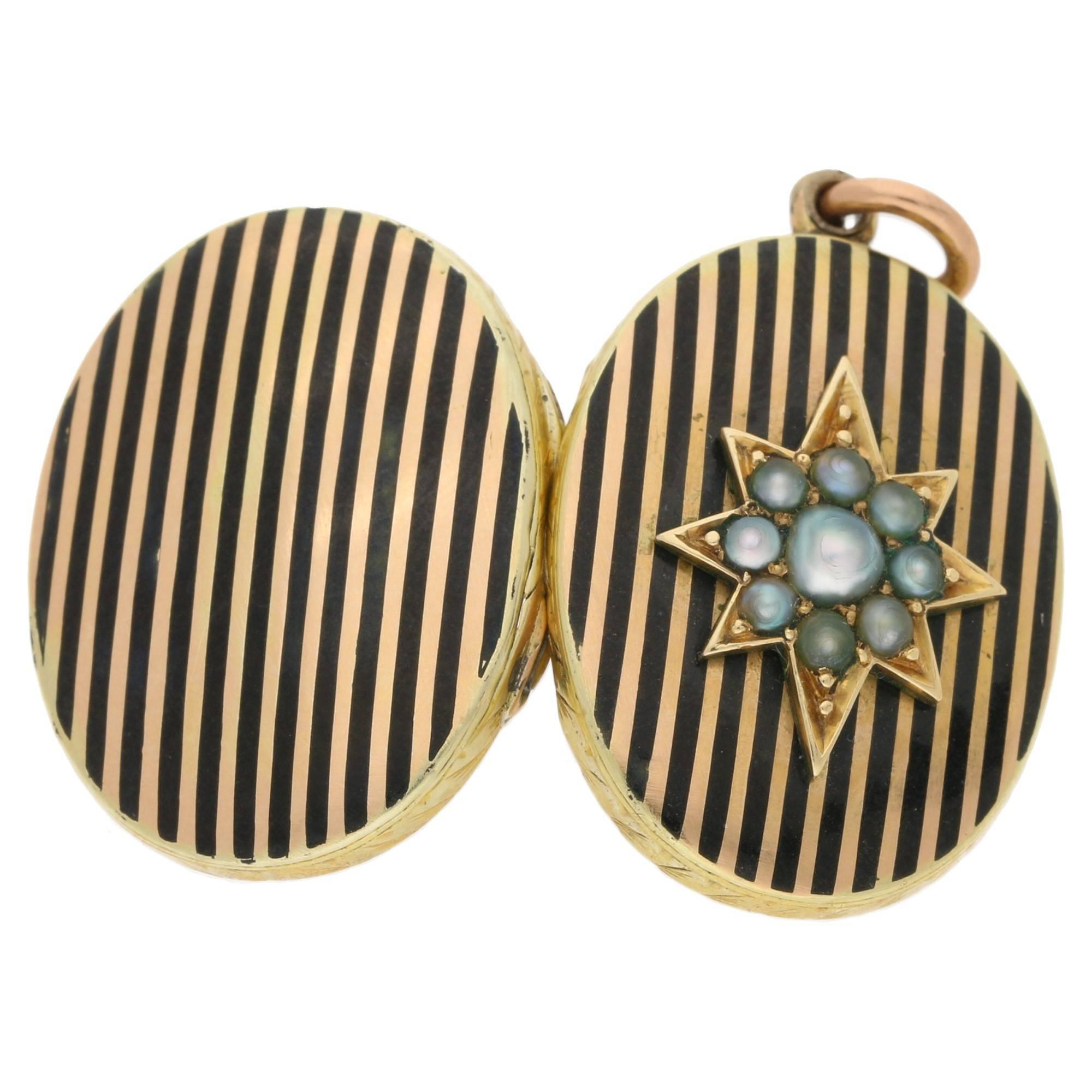 Victorian Gold Seed Pearl and Black Enamel Mourning Locket at 1stDibs