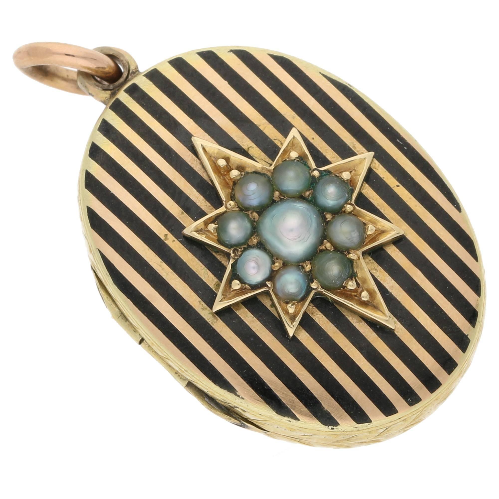 Victorian Gold Seed Pearl and Black Enamel Mourning Locket at 1stDibs