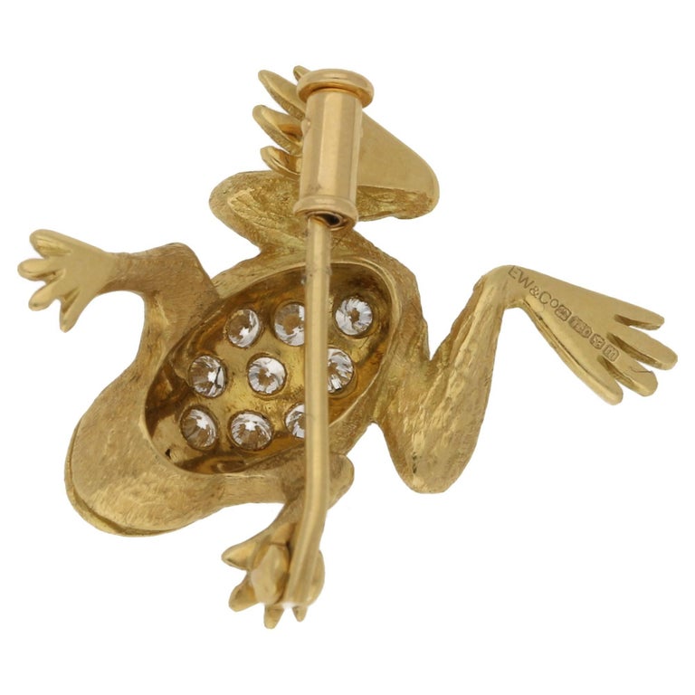 Diamond and Ruby Leaping Red-Eyed Tree Frog Brooch 18 karat Yellow Gold ...