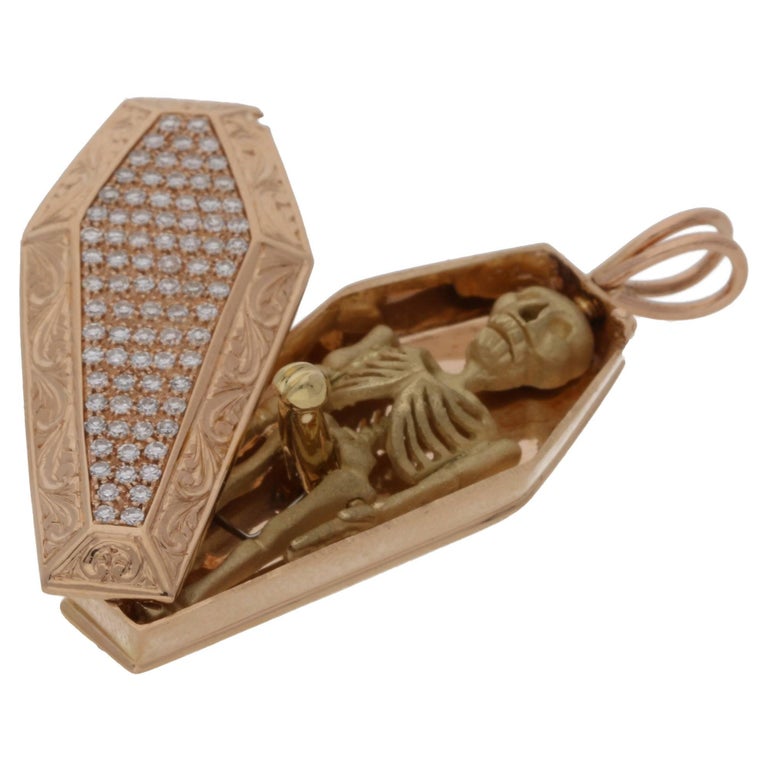 Diamond Coffin and Naughty Skeleton Pendant in 18 Karat Rose Gold at ...