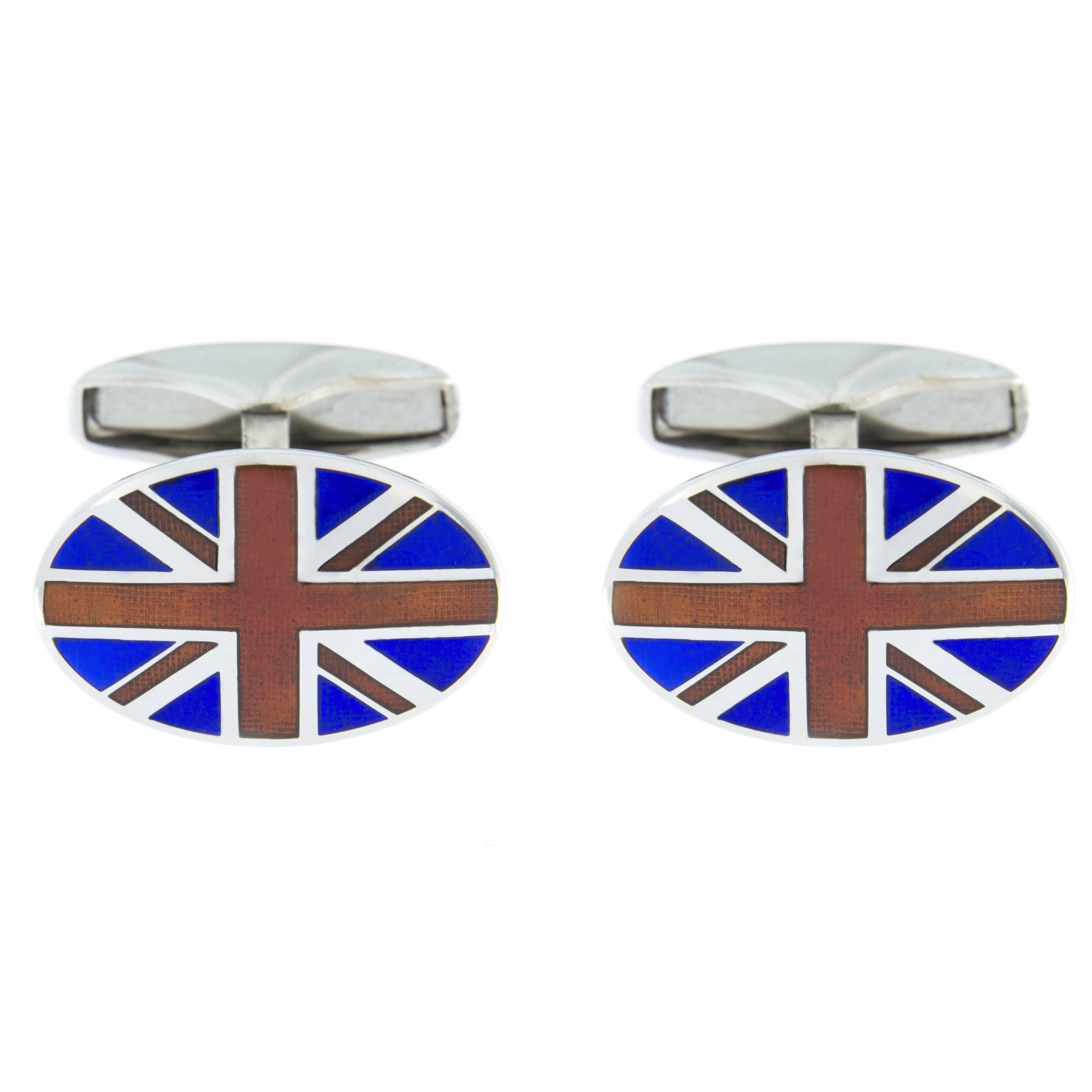 Sterling Silver Guilloche Enamel Union Jack Cufflinks For Sale at 1stDibs