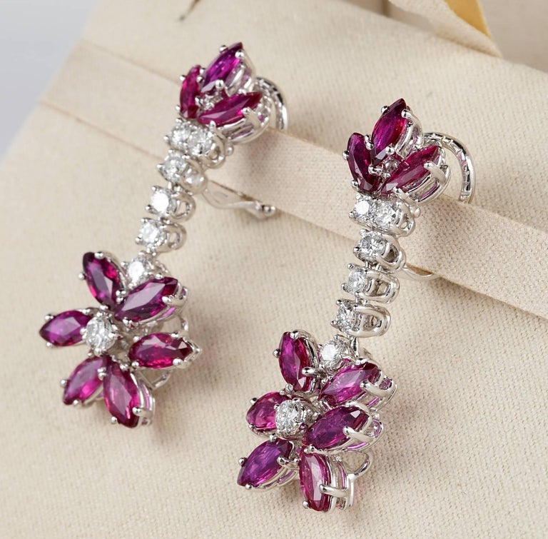 Vintage Flower Ruby Diamond Drop Earrings at 1stDibs