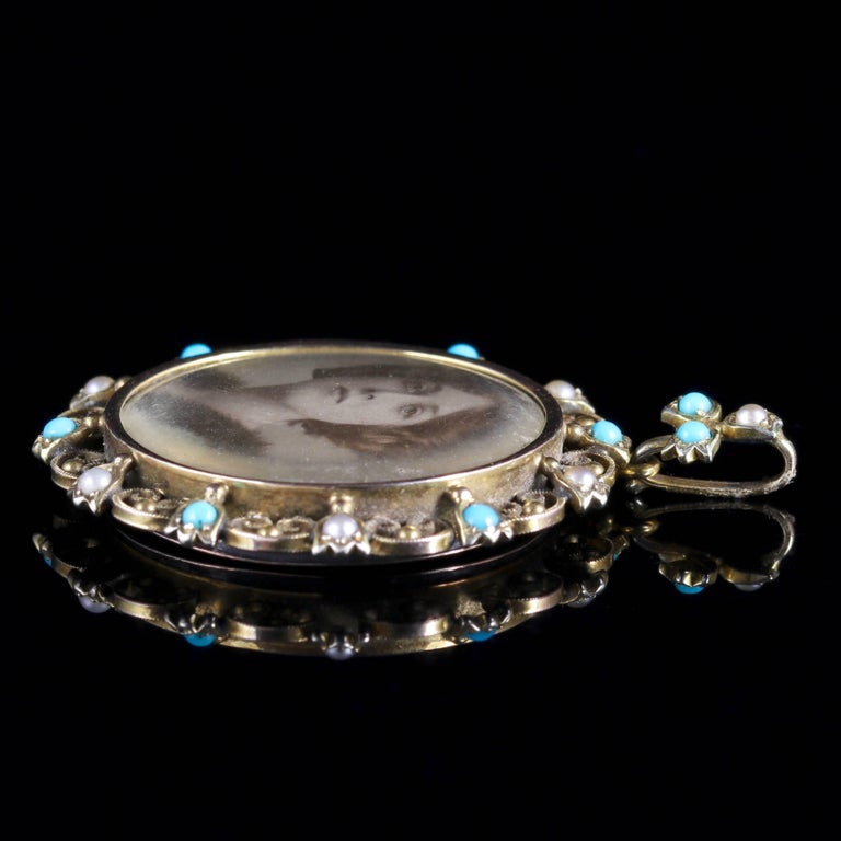 Antique Victorian Turquoise Pearl Gold Picture Pendant Locket, circa ...
