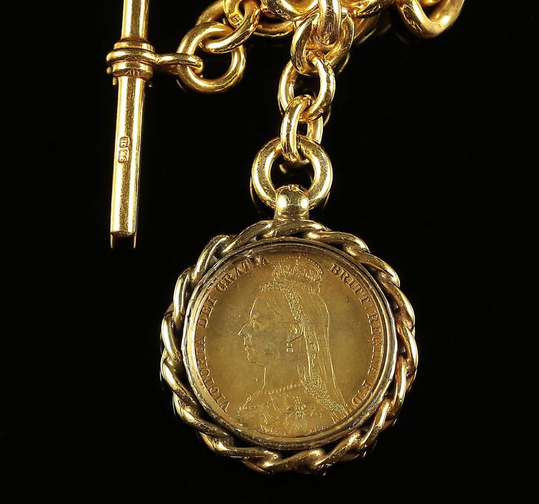 Antique Victorian Albert Chain Necklace Gold T Bar Coin Fob circa 1880 ...