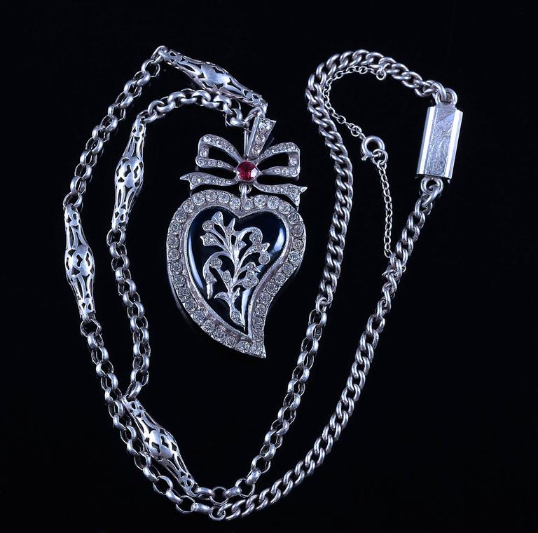 Antique Georgian Chain Blue Enamel Silver Witches Heart Pendant at 1stDibs