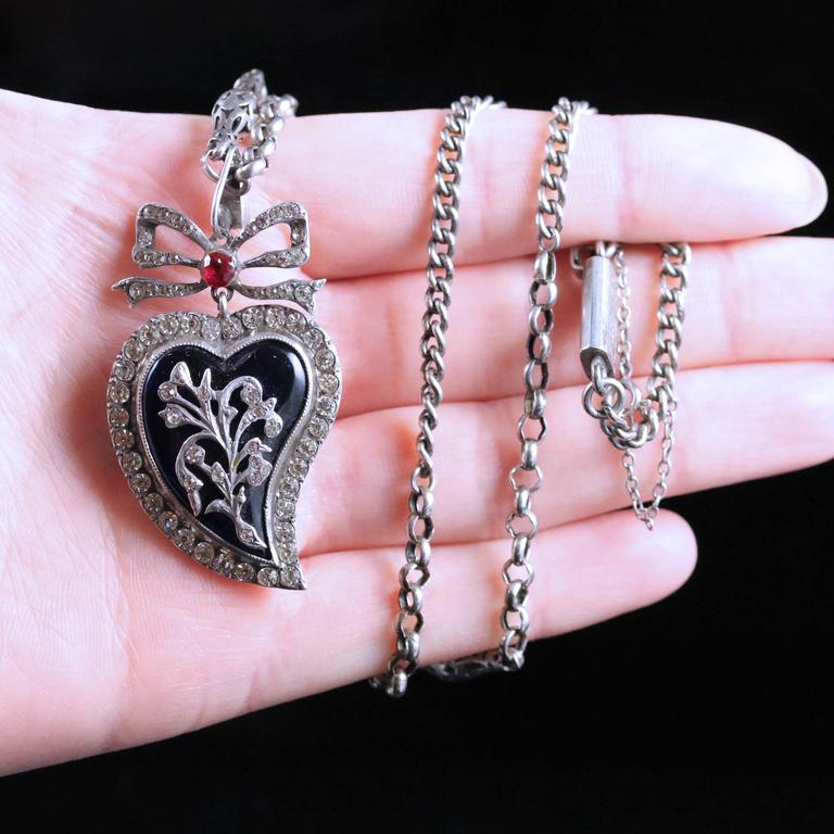 Antique Georgian Chain Blue Enamel Silver Witches Heart Pendant at 1stDibs