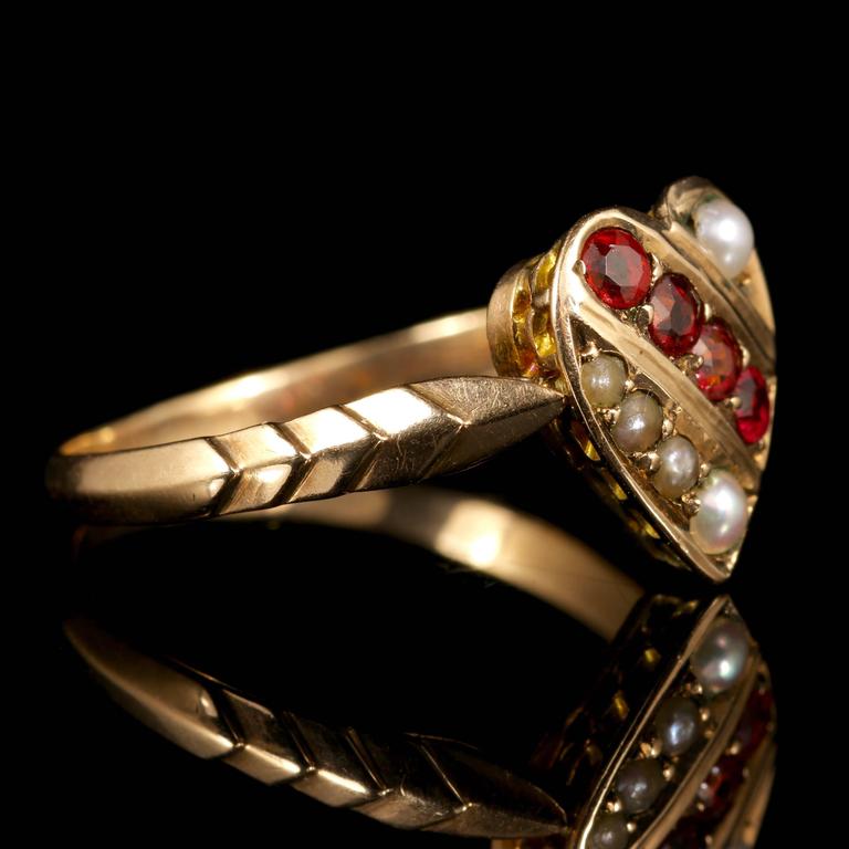 Antique Victorian Ruby Pearl Yellow Gold Heart Ring at 1stDibs