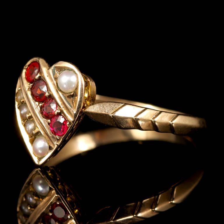 Antique Victorian Ruby Pearl Yellow Gold Heart Ring at 1stDibs