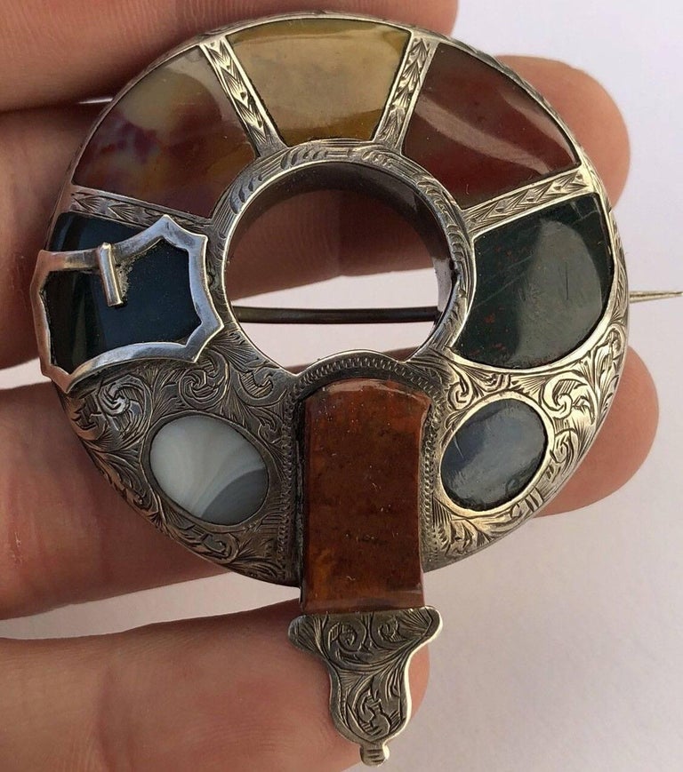 Victorian Sterling Silver Scottish Agate Garter Brooch Pin Estate Fine ...